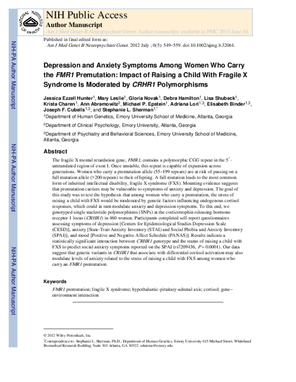 (PDF) Depression and anxiety symptoms among women who carry the FMR1 premutation: Impact of ...