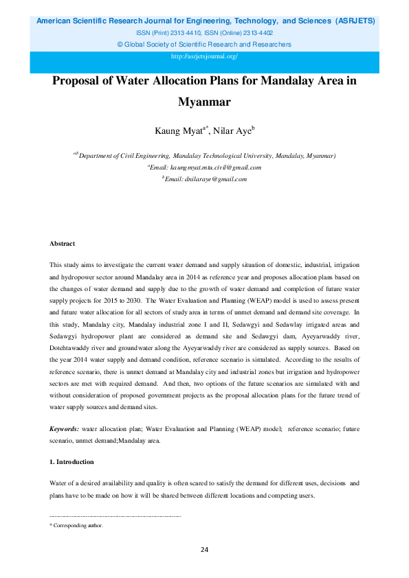 (PDF) Proposal of Water Allocation Plans for Mandalay Area in Myanmar