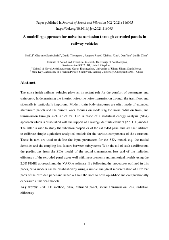 (PDF) A modelling approach for noise transmission through extruded panels in railway vehicles