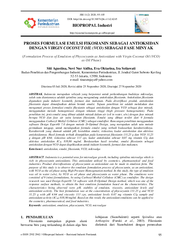 (PDF) Proses Produksi Emulsi Virgin Coconut Oil (Vco) Dengan Fikosianin Sebagai Antioksidan