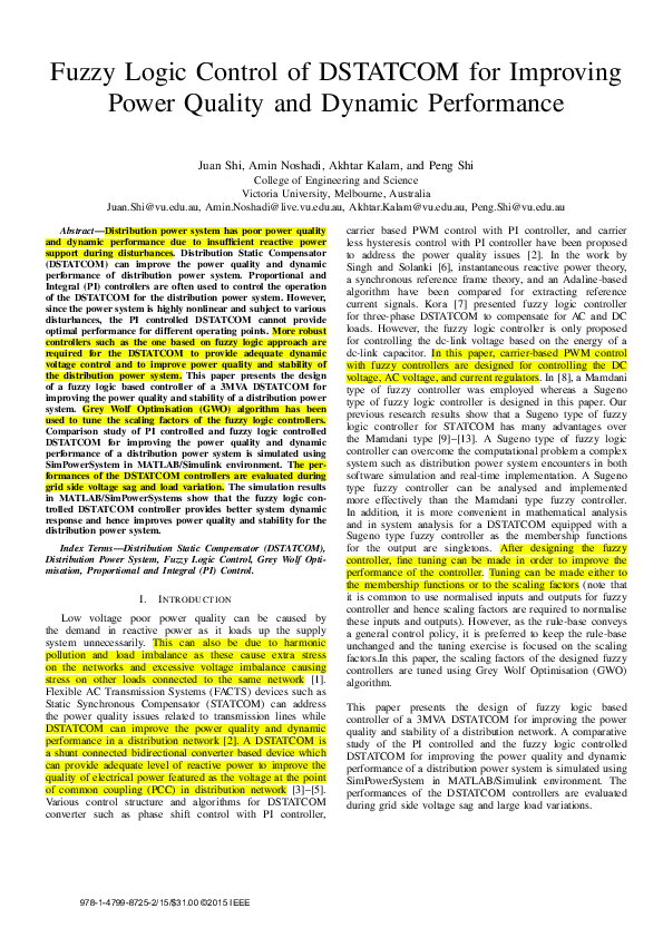 Pdf Fuzzy Logic Control Of Dstatcom For Improving Power Quality And Dynamic Performance