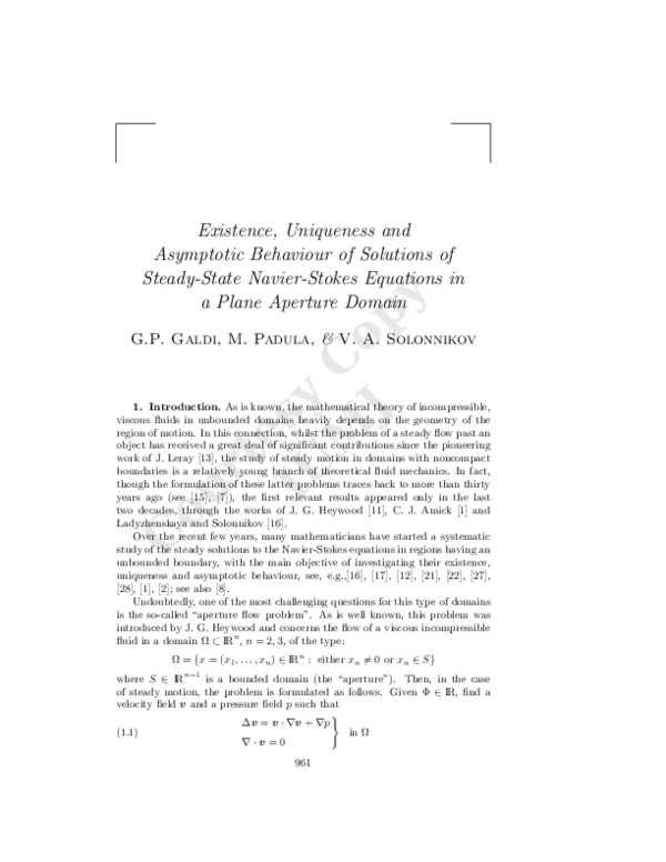 Pdf Existence Uniqueness And Asymptotic Behaviour Of Solutions Of Steady State Navier Stokes
