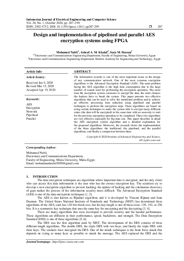 Pdf Design And Implementation Of Pipelined And Parallel Aes Encryption Systems Using Fpga