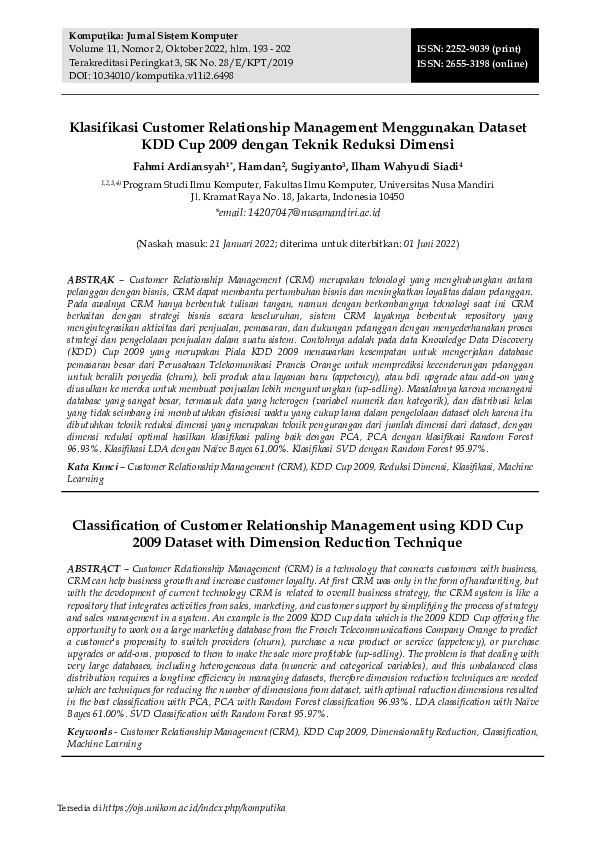 Pdf Klasifikasi Customer Relationship Management Menggunakan Dataset Kdd Cup 2009 Dengan
