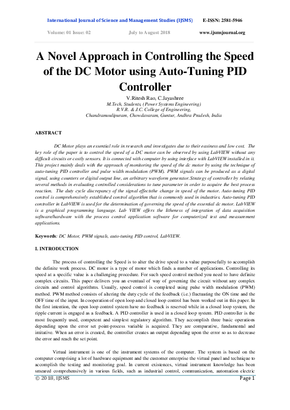 Pdf A Novel Approach In Controlling The Speed Of The Dc Motor Using Auto Tuning Pid Controller