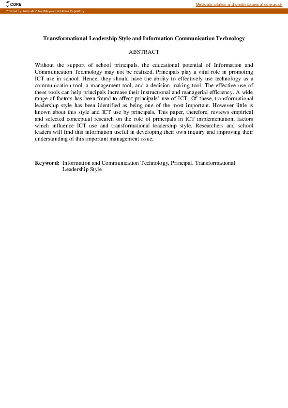 (PDF) Transformational Leadership Style and Information Communication Technology