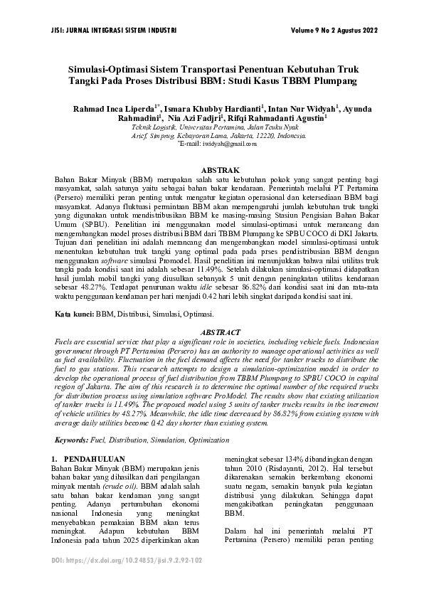 (PDF) Simulasi-Optimasi Sistem Transportasi Penentuan Kebutuhan Truk Tangki Pada Proses ...