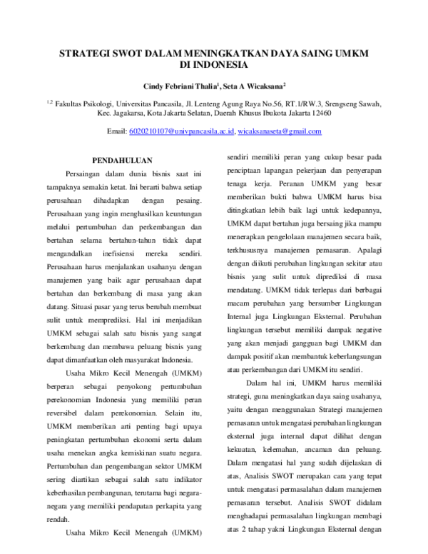 (PDF) STRATEGI SWOT DALAM MENINGKATKAN DAYA SAING UMKM DI INDONESIA