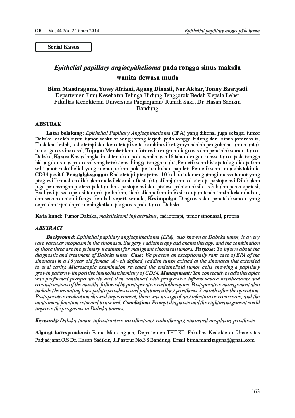 (PDF) Epithelial papillary angioepithelioma pada rongga sinus maksila ...
