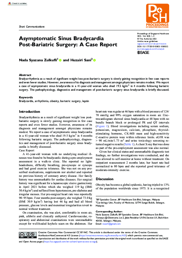 (PDF) Asymptomatic Sinus Bradycardia Post-Bariatric Surgery: A Case Report
