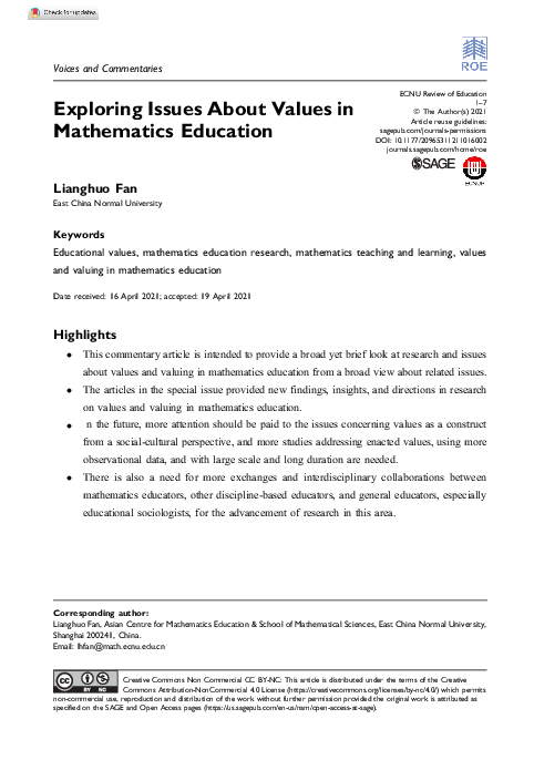 (PDF) Exploring Issues About Values in Mathematics Education