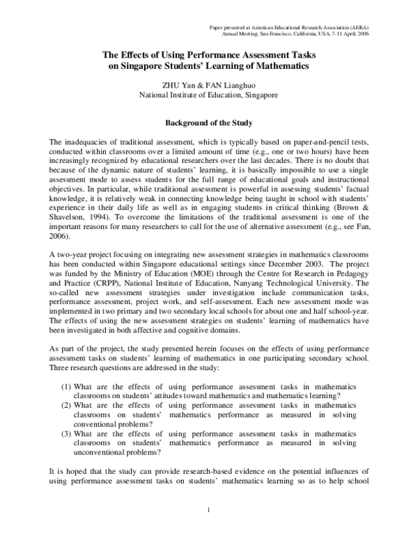 (PDF) The effects of using performance assessment tasks on Singapore students' learning of ...
