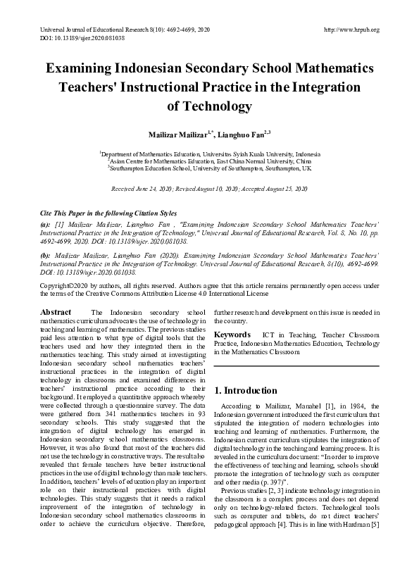 (PDF) Examining Indonesian Secondary School Mathematics Teachers ...