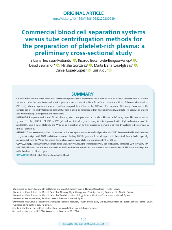 (PDF) Commercial blood cell separation systems versus tube centrifugation methods for the ...