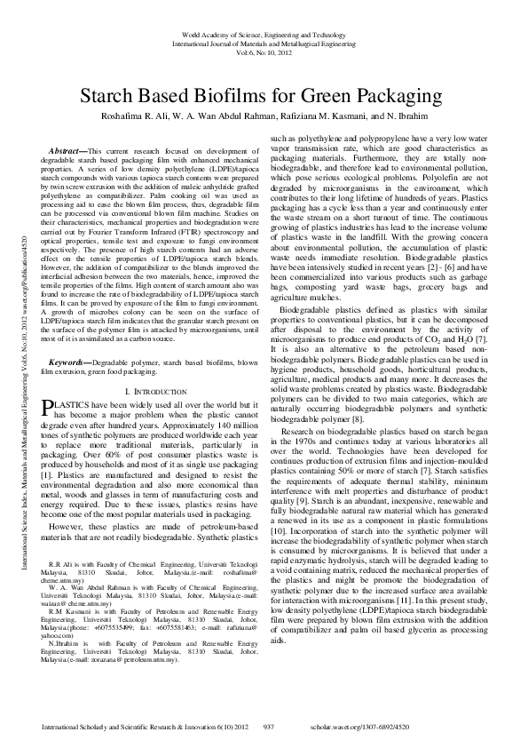 (PDF) Starch-Based Biofilms for Green Packaging