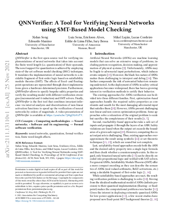Pdf Qnnverifier A Tool For Verifying Neural Networks Using Smt Based