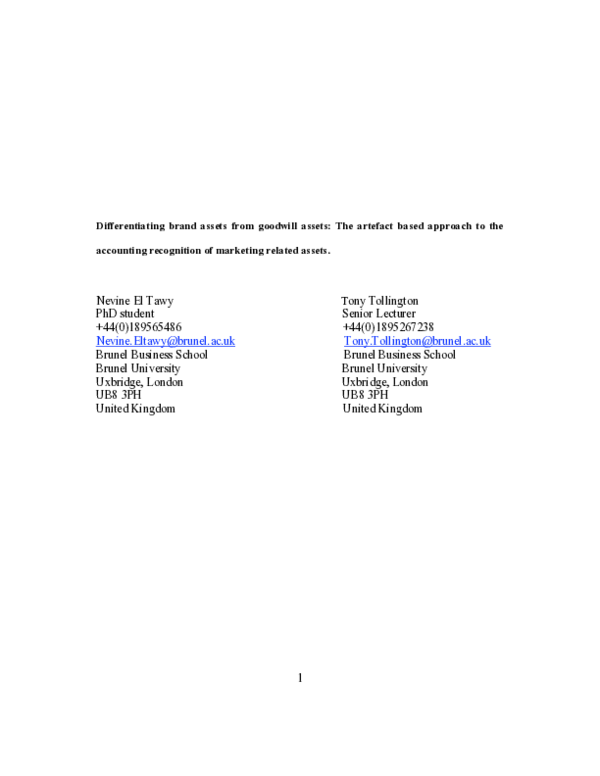 (PDF) Differentiating Brand Assets from Goodwill Assets: The Artefact ...