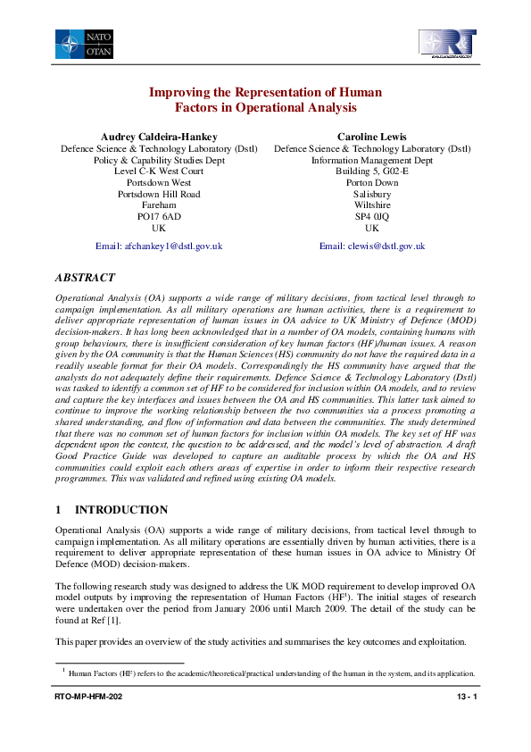 (PDF) Improving the Representation of Human Factors in Operational Analysis
