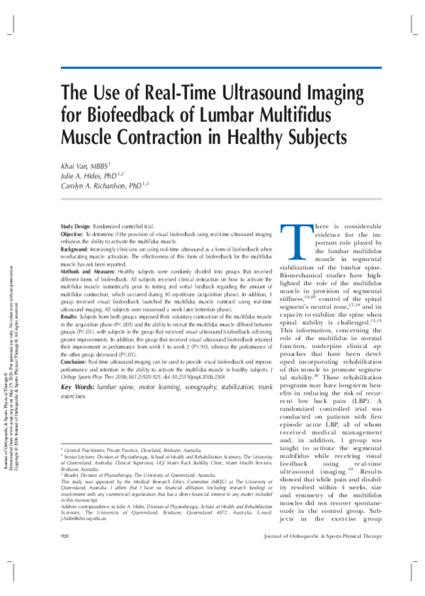 (PDF) The Use of Real-Time Ultrasound Imaging for Biofeedback of Lumbar Multifidus Muscle ...
