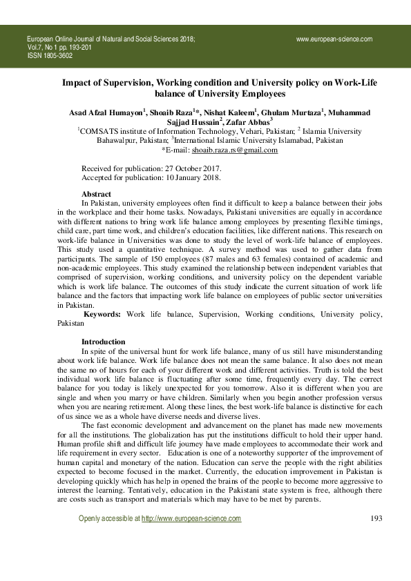 (PDF) Impact of Supervision, Working condition and University policy on ...