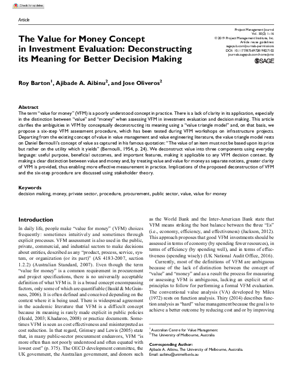 (PDF) The Value for Money Concept in Investment Evaluation: Deconstructing its Meaning for ...