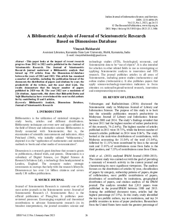(PDF) A Bibliometric Analysis of Journal of Scientometric Research Based on Dimensions Database