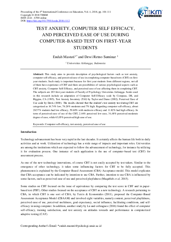 (PDF) Test Anxiety, Computer Self Efficacy, and Perceived Ease of Use ...