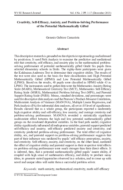 (PDF) Creativity, Self-Efficacy, Anxiety, and Problem-Solving Performance of the Potential ...