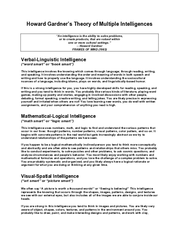 (PDF) Howard Gardner's Theory of Multiple Intelligences