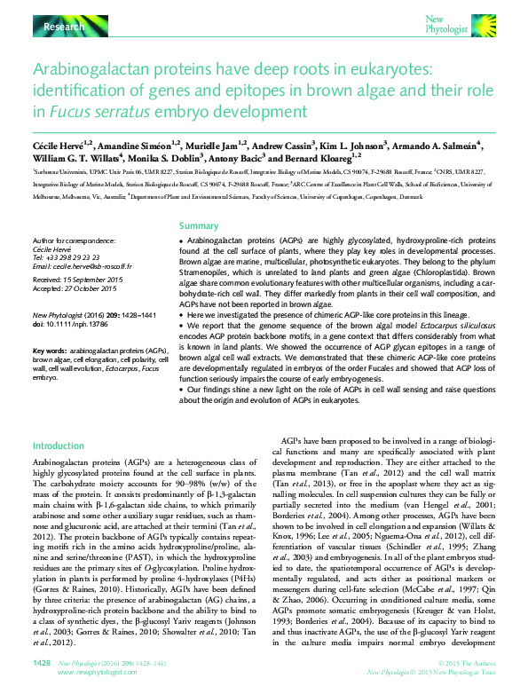 (PDF) Arabinogalactan proteins have deep roots in eukaryotes ...