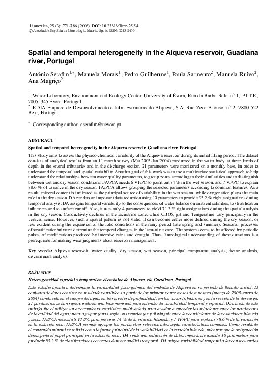 Pdf Spatial And Temporal Heterogeneity In The Alqueva Reservoir Guadiana River Portugal