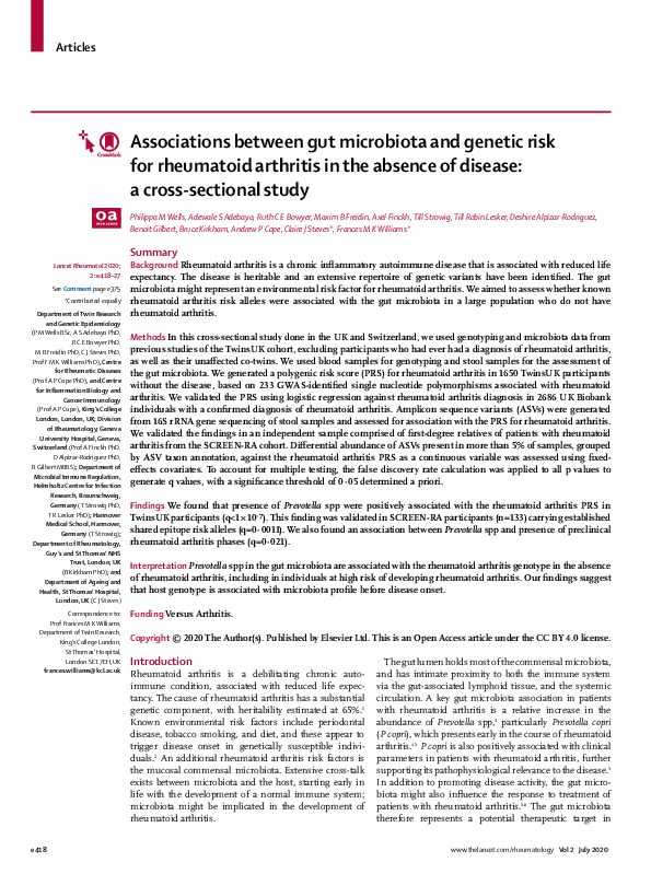 (PDF) Associations between gut microbiota and genetic risk for rheumatoid arthritis in the ...