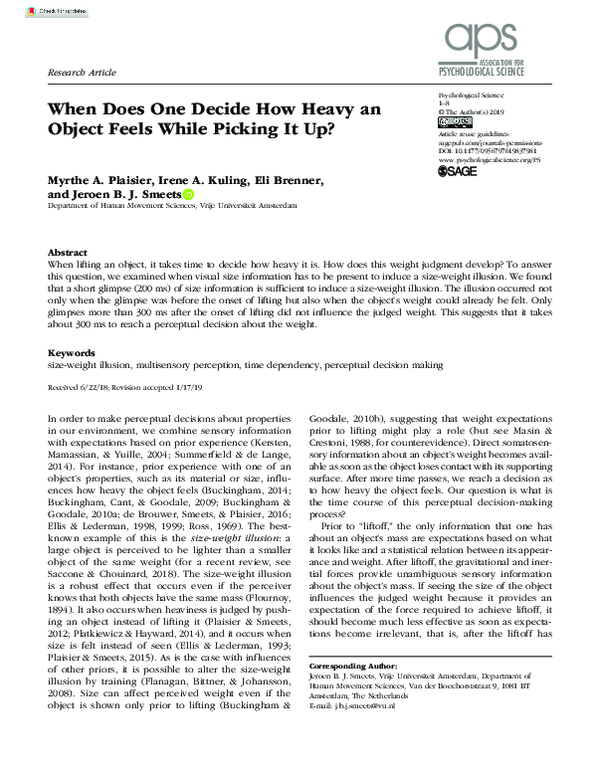 (PDF) When Does One Decide How Heavy an Object Feels While Picking It Up?