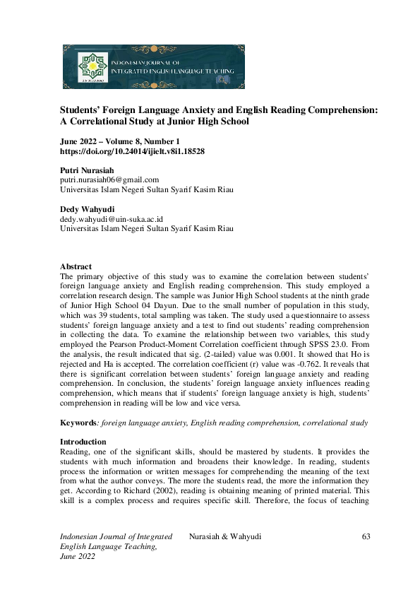 (PDF) Students’ Foreign Language Anxiety and English Reading ...