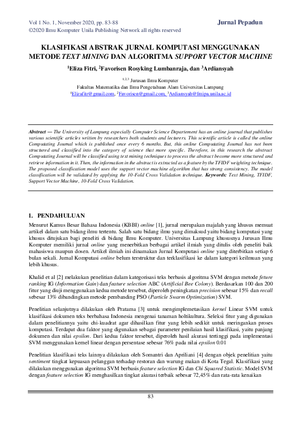 (PDF) Klasifikasi Abstrak Jurnal Komputasi Menggunakan Metode Text Mining Dan Algoritma Support ...