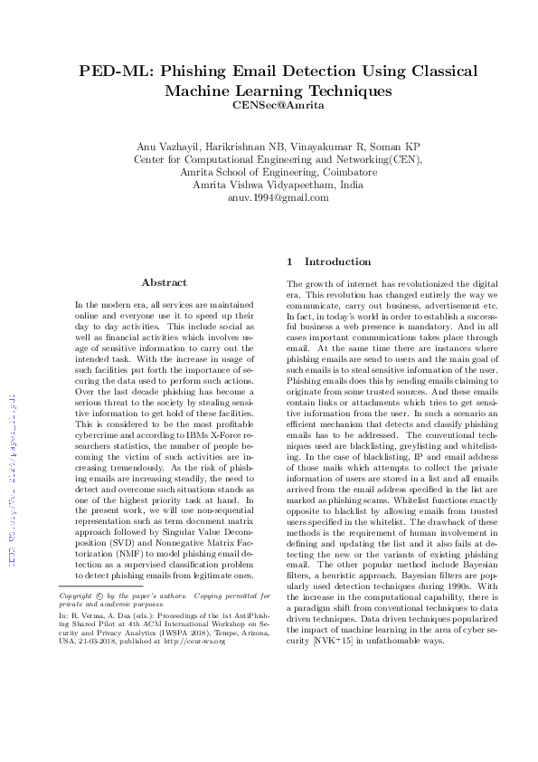 Pdf Ped Ml Phishing Email Detection Using Classical Machine Learning Techniques Censecamrita 