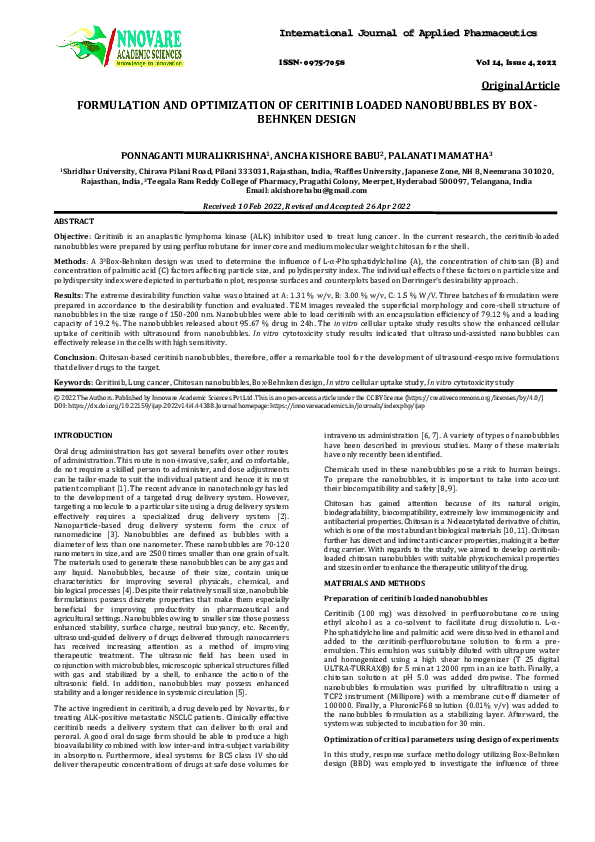 Pdf Formulation And Optimization Of Ceritinib Loaded Nanobubbles By Box Behnken Design