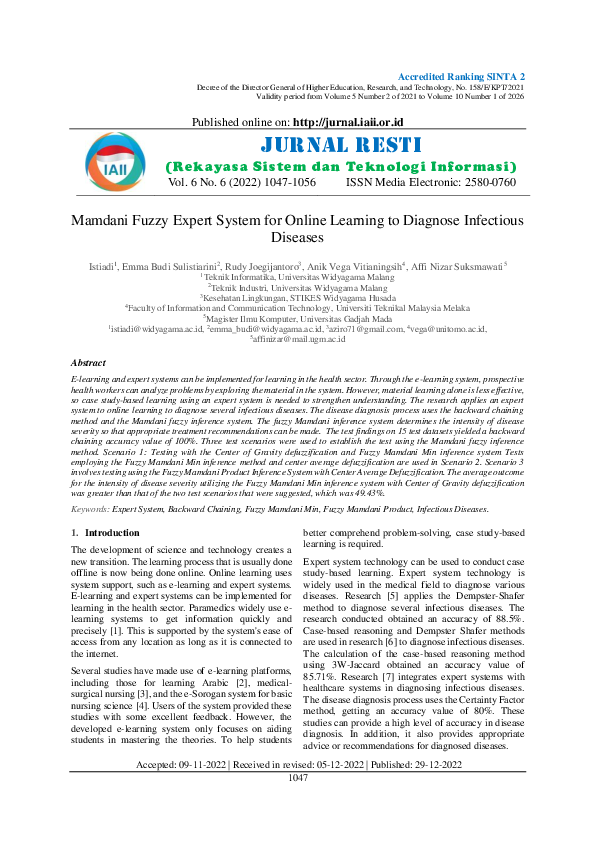 (PDF) Mamdani Fuzzy Expert System for Online Learning to Diagnose Infectious Diseases