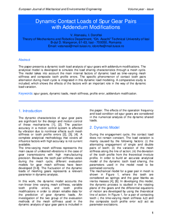 (PDF) Dynamic contact loads of spur gear pairs with addendum modifications