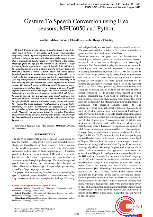 (PDF) Gesture To Speech Conversion using Flex sensors, MPU6050 and Python