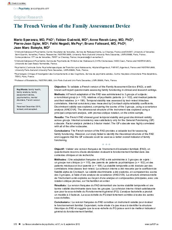 (PDF) The French Version of the Family Assessment Device