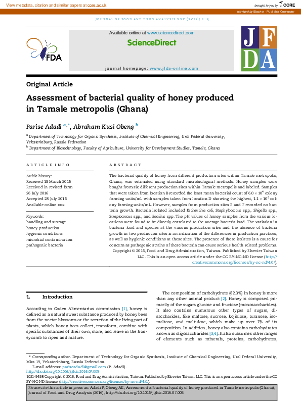 (PDF) Assessment of bacterial quality of honey produced in Tamale ...
