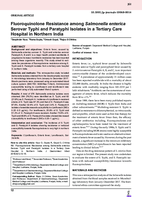 (PDF) Fluoroquinolone Resistance among Salmonella enterica Serovar ...