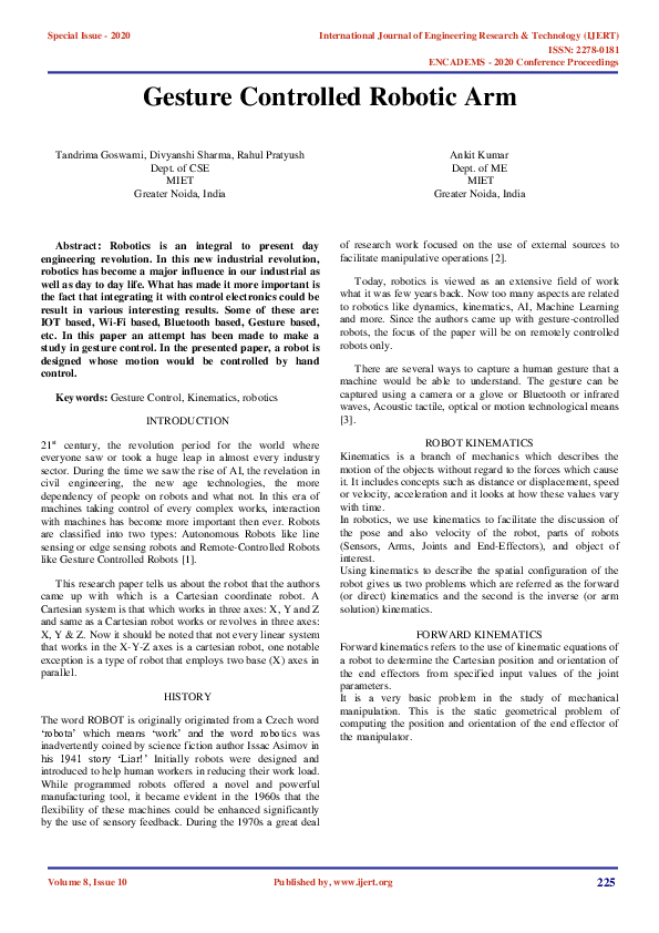 (PDF) Gesture Controlled Robotic Arm
