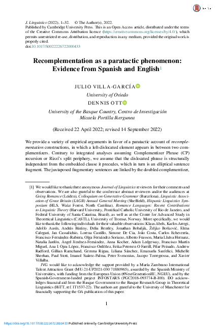 (PDF) Recomplementation as a paratactic phenomenon: Evidence from ...