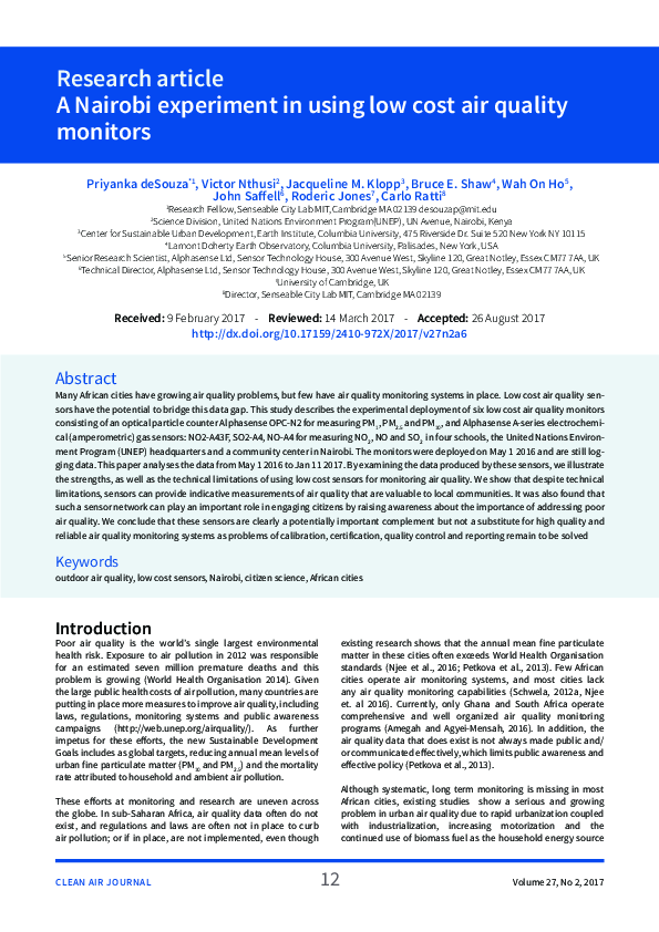 (PDF) A Nairobi experiment in using low cost air quality monitors