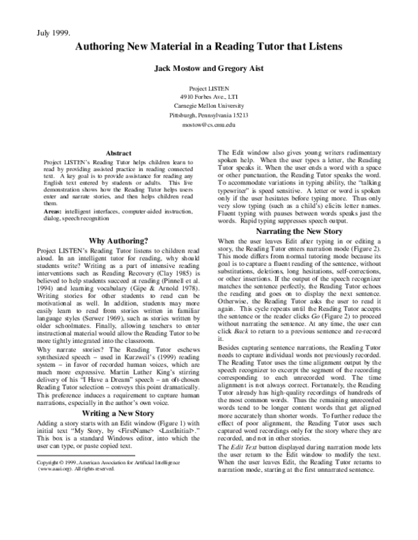 (PDF) A Better Reading Tutor That Listens (PDF) A Better Reading Tutor That Listens