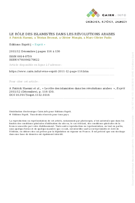 (PDF) Le rôle des islamistes dans les révolutions arabes | Patrick ...