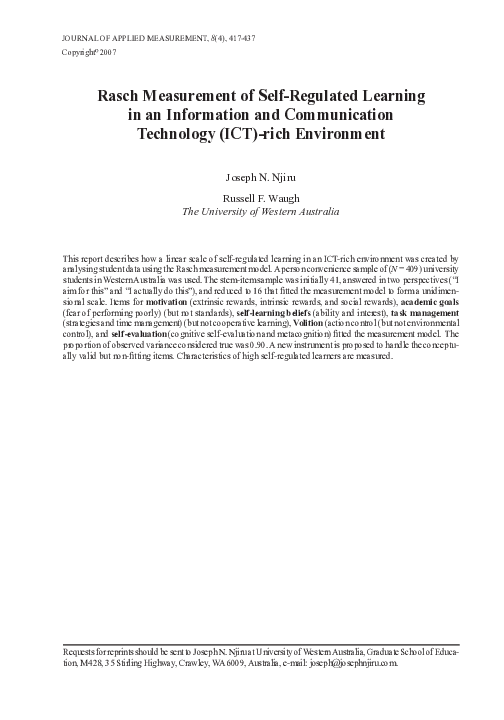 (PDF) Rasch Measurement of Self-Regulated Learning in an Information and Communication ...