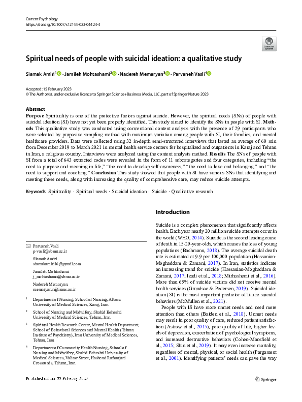 (PDF) Spiritual needs of people with suicidal ideation: a qualitative study